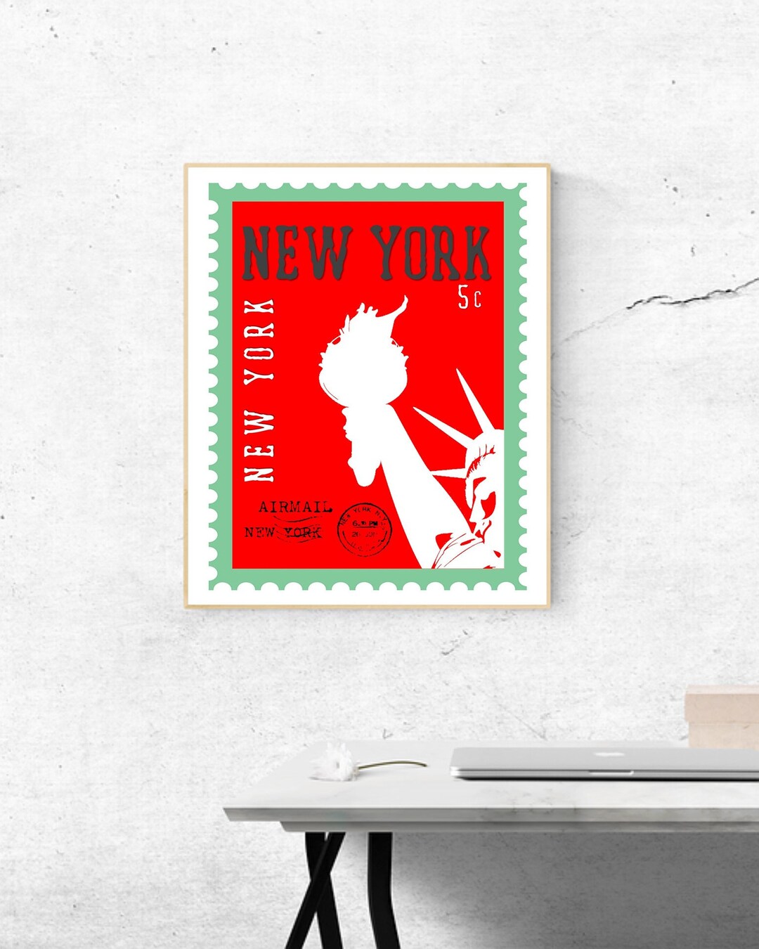 Watercolor NYC Liberty Red Postage Stamp Wall Art - NYC Print - Famous ...