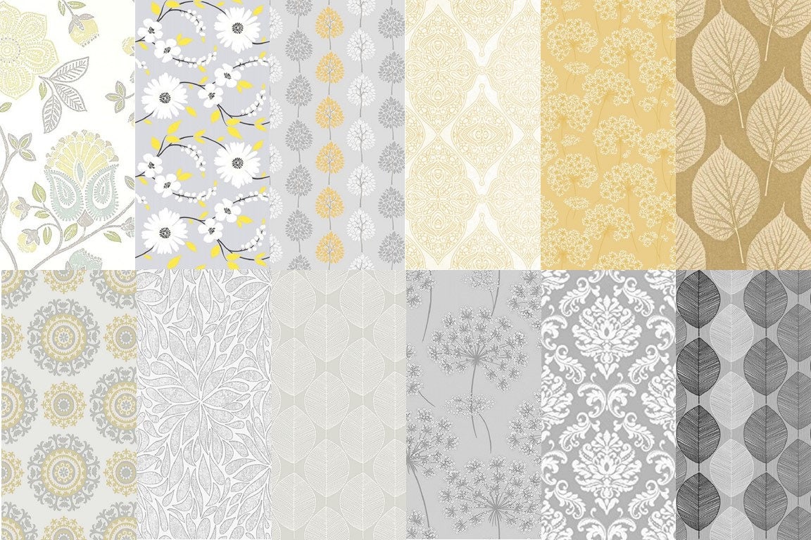 Yellow and Grey Floral Digital Paper Pack - Yellow and Grey Flowers ...