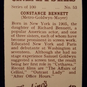 Original 1930's Constance Bennett Cigarette Card, Movie Star, Movie ...