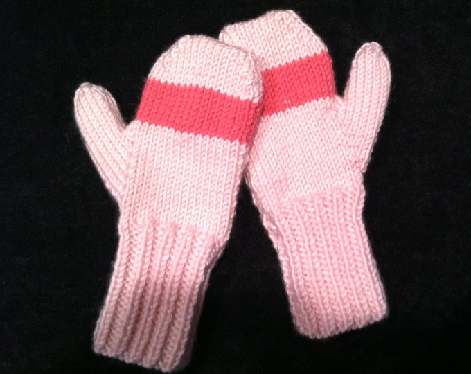 Hand Knit Light Pink Mittens With Dark Pink Stripe. Size 4-6 - Etsy