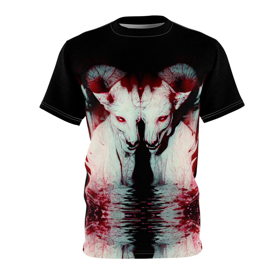 Demonic Goat, Glitched, Split Face, Black, Graphic, Print-all-over, T ...
