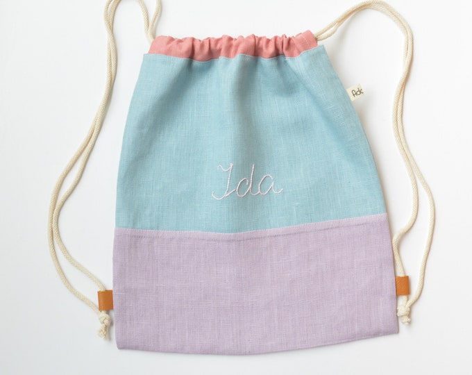 Personalised Pastel Color Block Linen Drawstring Backpack - Etsy