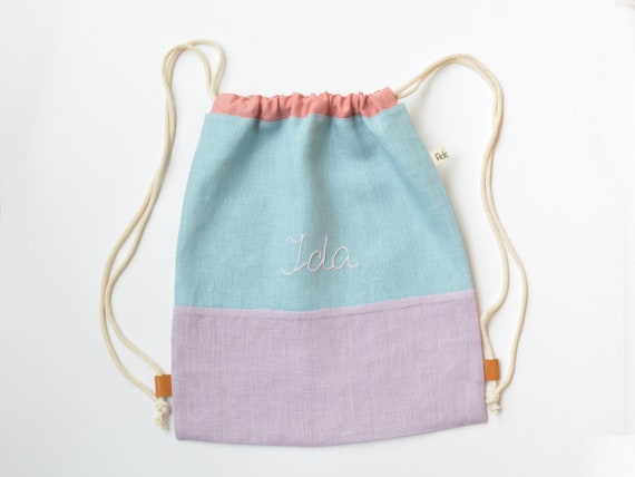 Personalised Pastel Color Block Linen Drawstring Backpack | Etsy