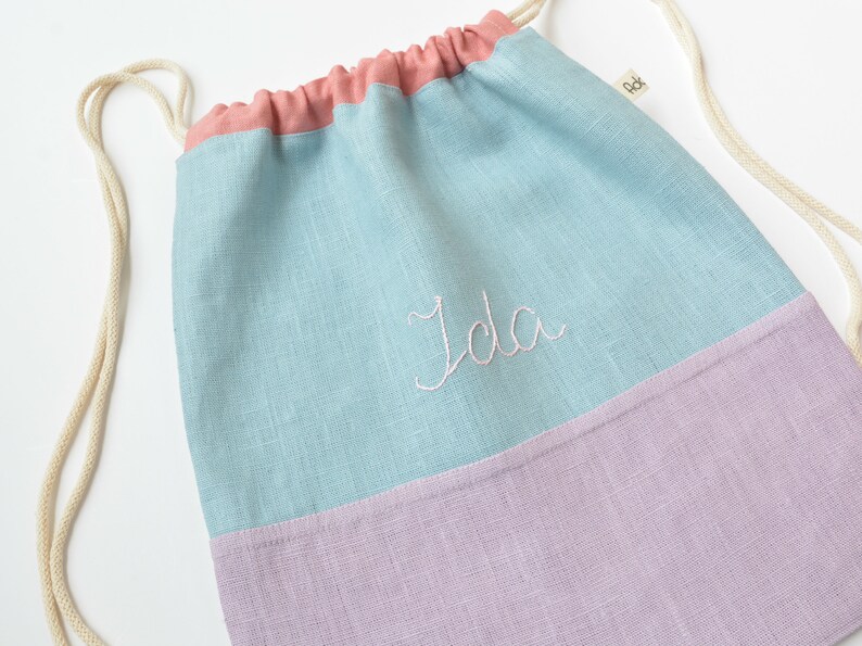 Personalised Pastel Color Block Linen Drawstring Backpack | Etsy