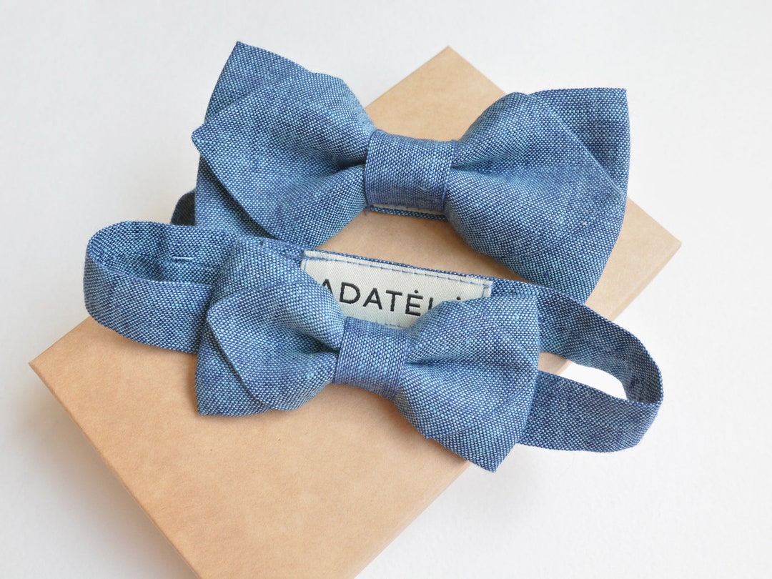 Dad and Son Matching Christening, Wedding Bowties Blue Melange Linen ...