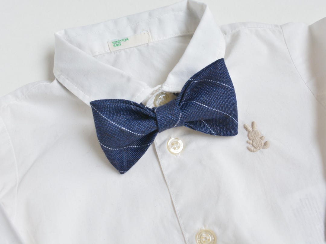 Navy Blue Pinstriped Linen Baby Boy's Bowtie - Birthday, Christening ...