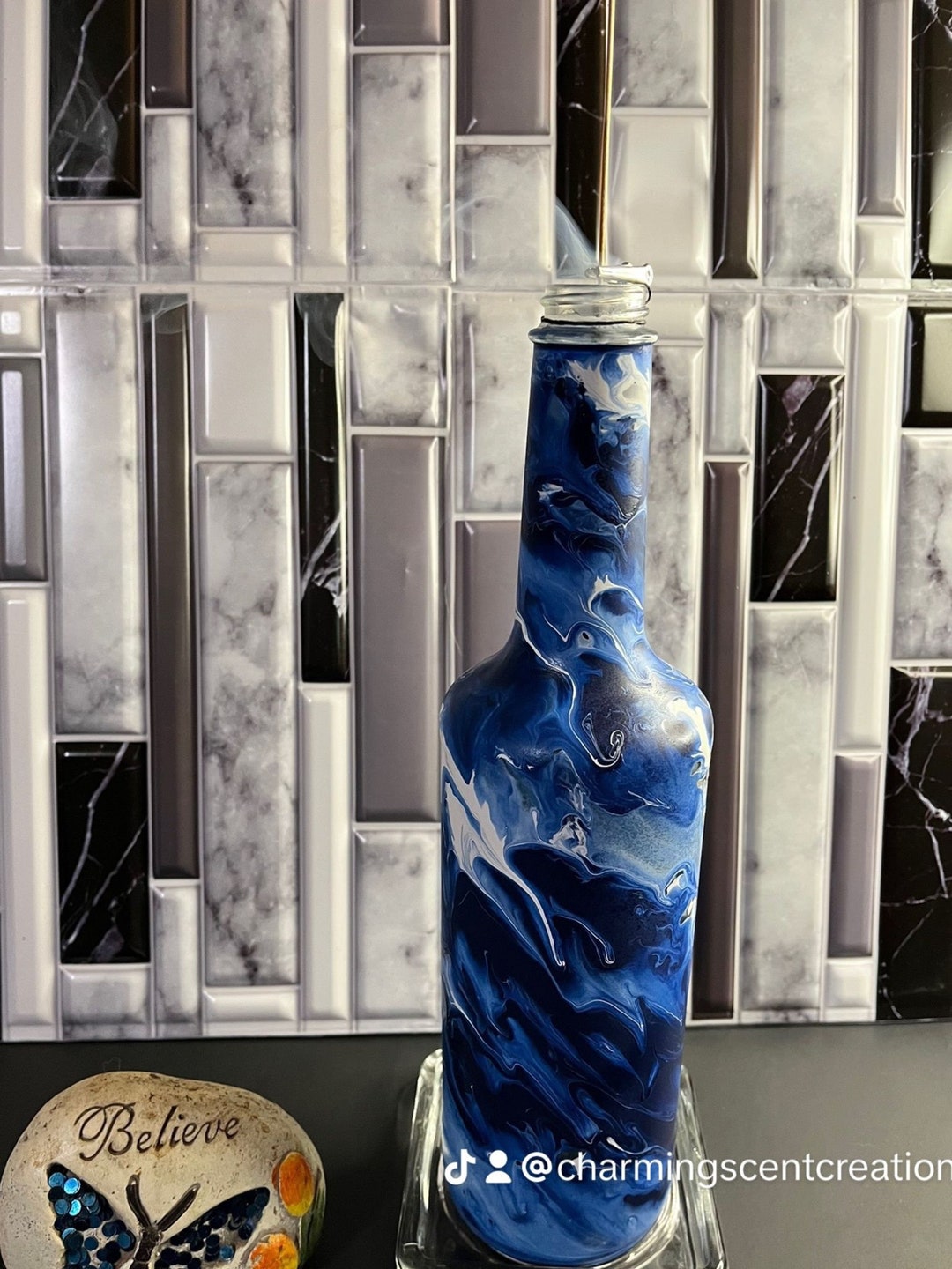 Blue Incense Holder Smoke Bottle Upcycled ready to Ship - Etsy