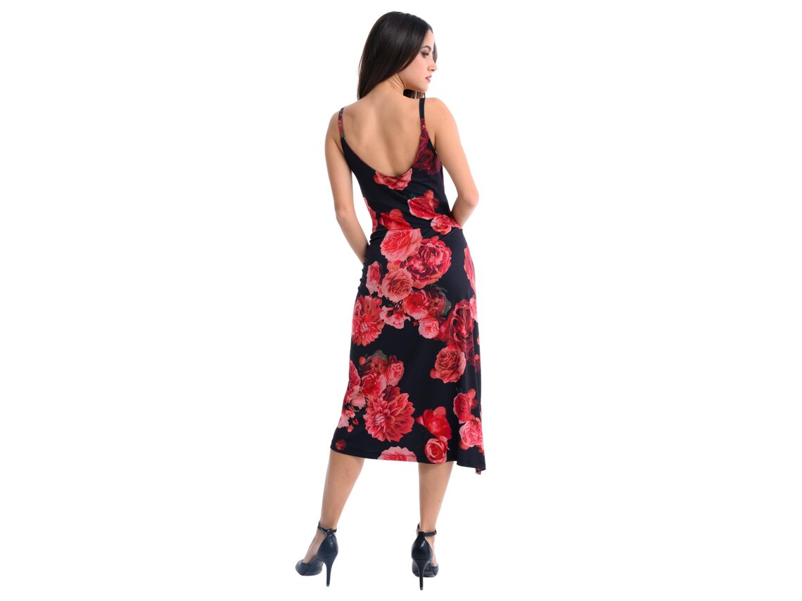 Red Spanish Flower Print Tango Draped Neck Dress With High Slit - Etsy