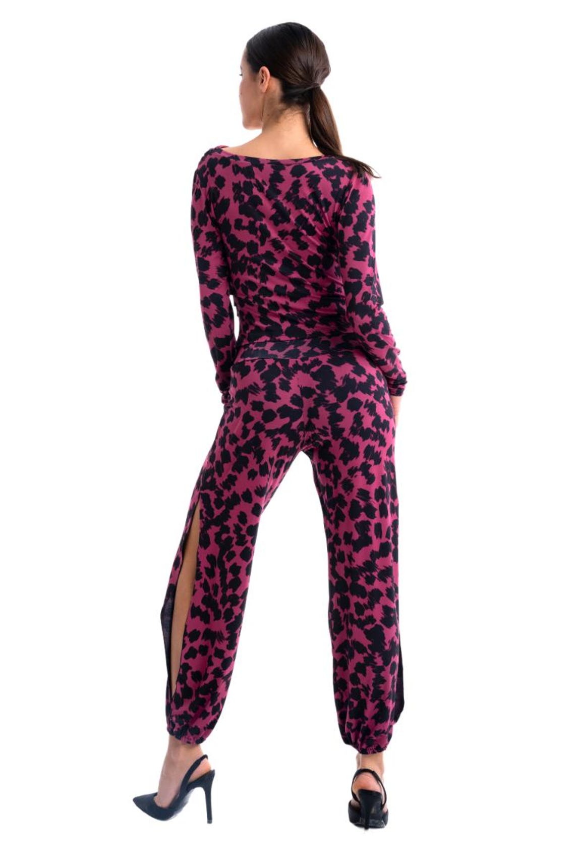 Hot Pink Animal Print Draped Neck Tango Top, Latin Dance Bodycon Top ...