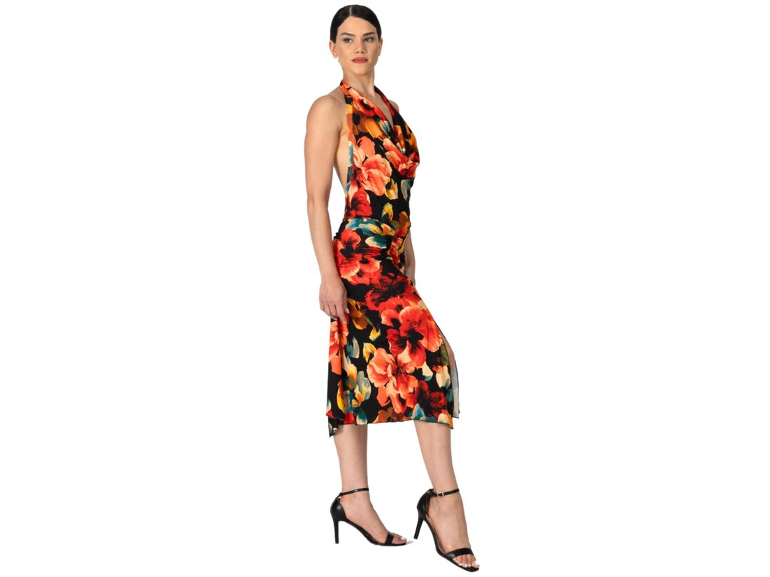 Reddish Floral Tango Dance Dress, Draped Halter Neck Salsa Performance ...
