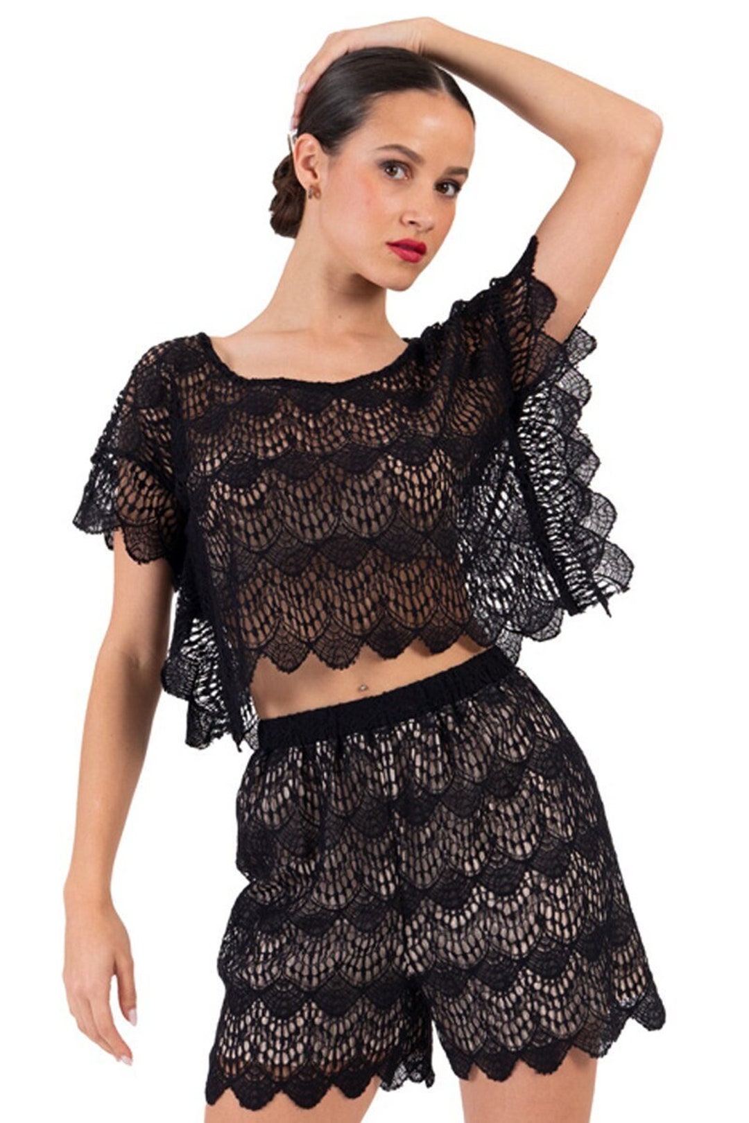 Black Lace Boxy Crop Top, Loose Sleeve Crop Top, Argentine Tango Dance ...