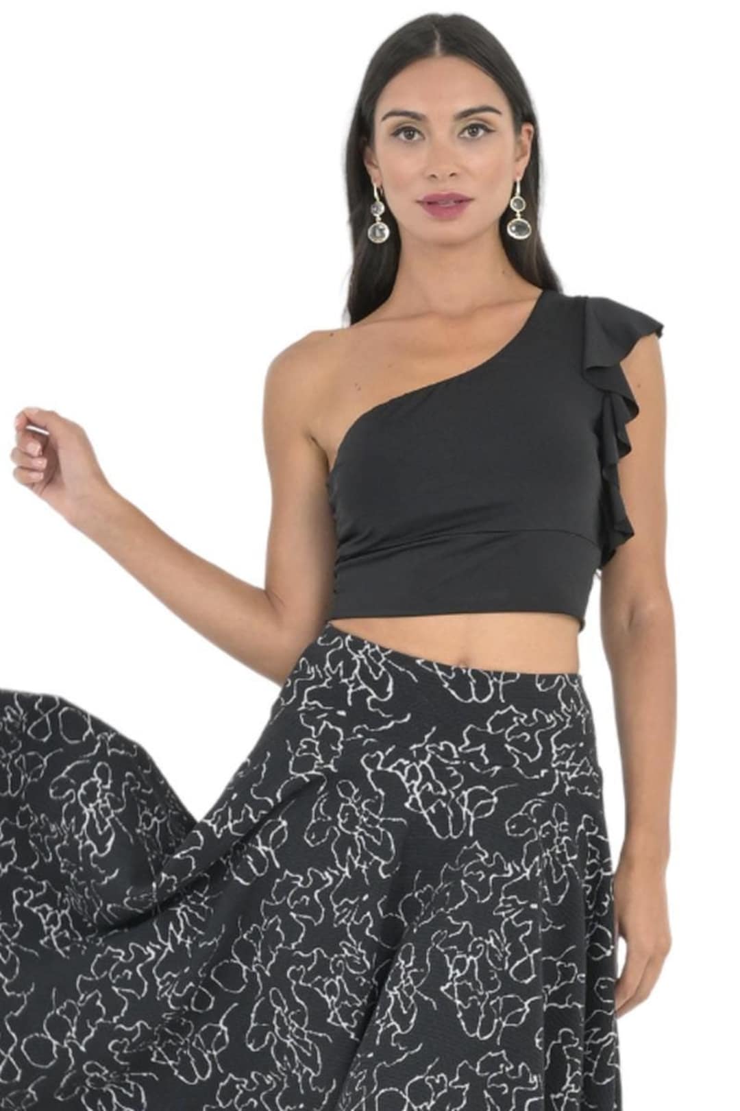 Shiny One Shoulder Tango Dance Crop Top With Ruffles, Salsa Practice ...