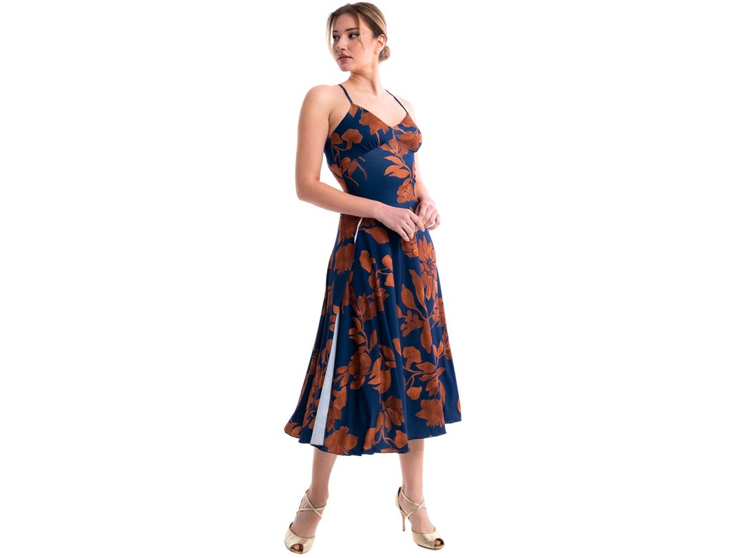 Blue Tango Dress With Terracotta Floral Print, Spaghetti Strap Open ...