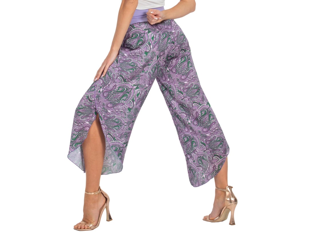Purple Paisley Print Satin Tango Dance Pants, Asymmetric Crop Latin ...