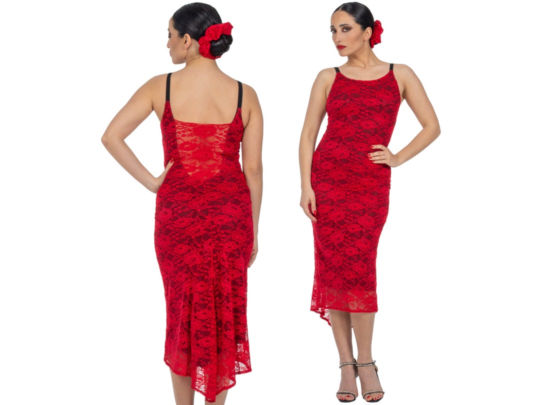 Red Flower Lace Dress, Tango Dance Dress, Asymmetric Dress With Slitted ...