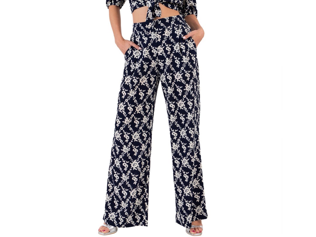Navy Blue Floral Pants, Casual Bell Leg Pants, Georgette Long Wide ...