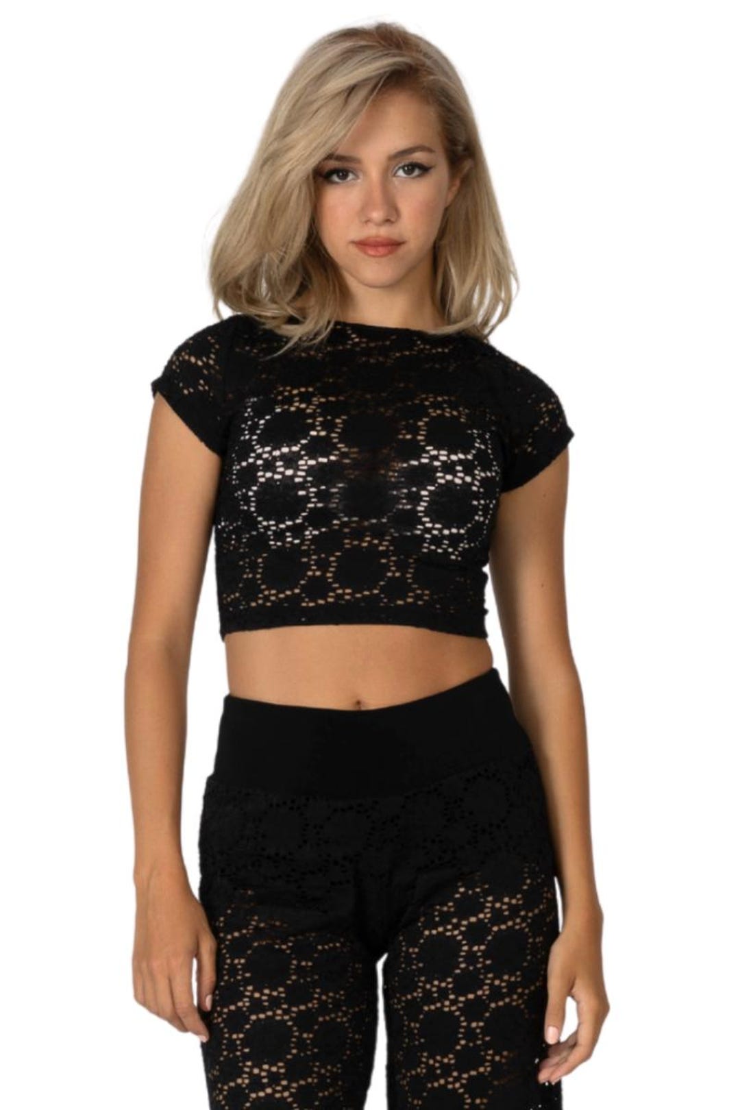 Black Lace Tango Dance Crop Top, Bodycon Lace Crop Top With Short Cap ...