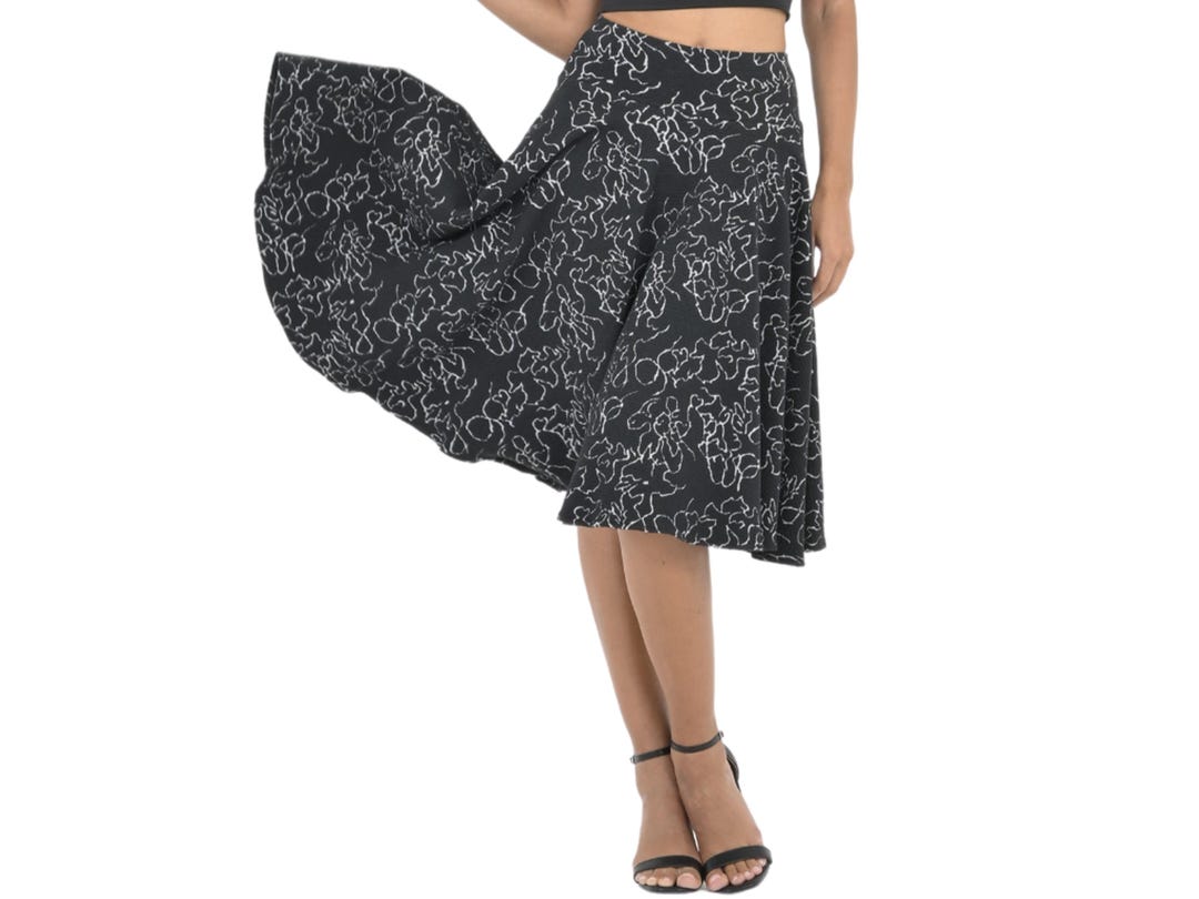 Full Swing Dance Skirt, Black Abstract Line Print Skirt, Argentine ...