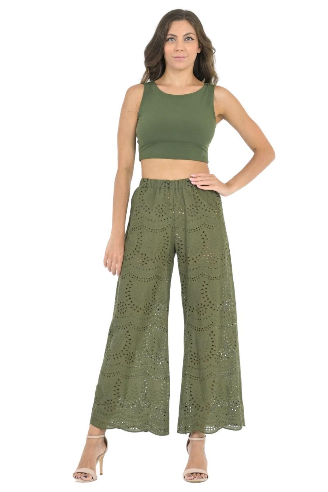 Tango Dance Pants, Olive Green Eyelet Embroidery Pants, Resort Scallop ...