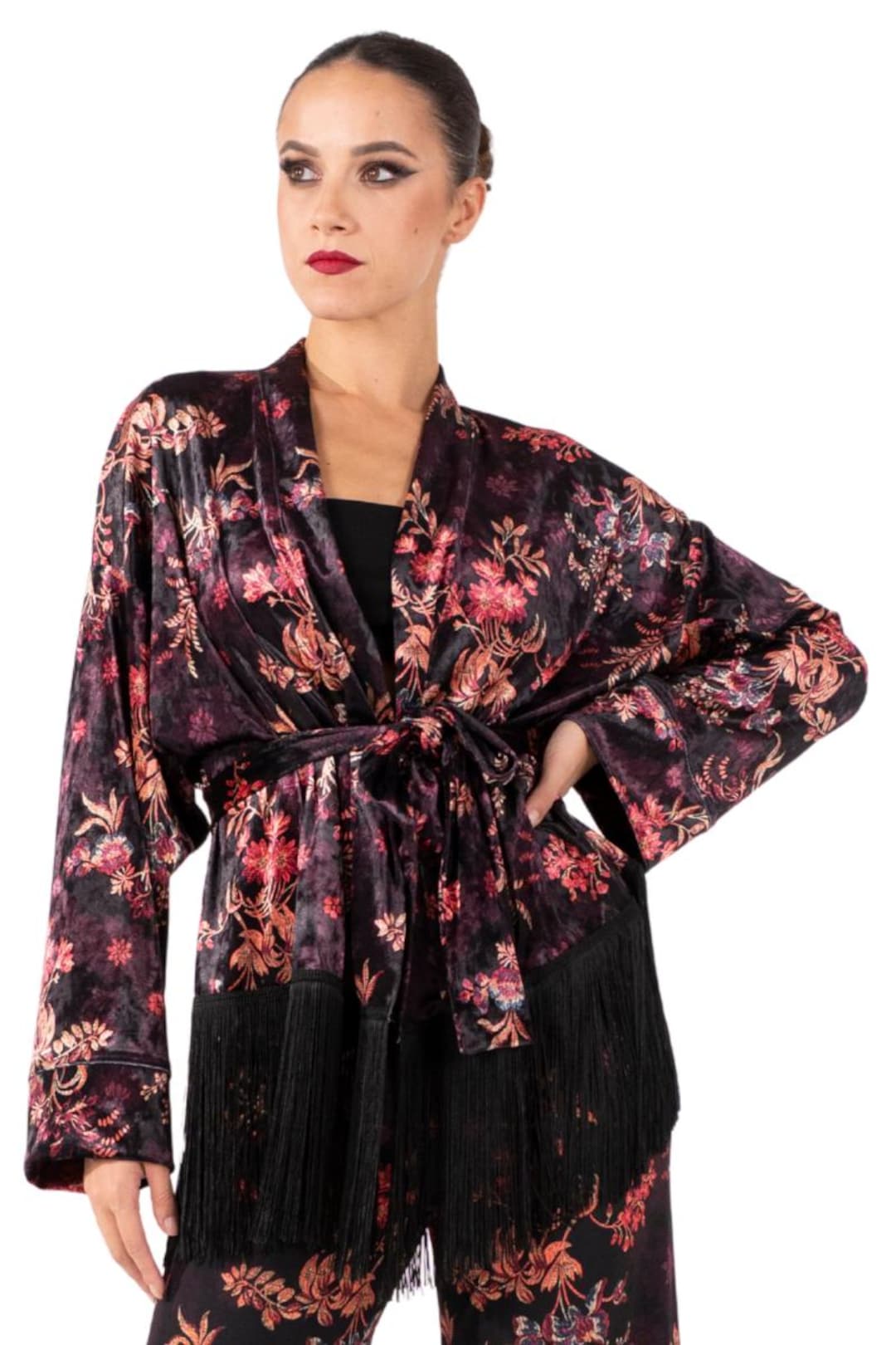 Dark Colorful Asian Floral Velvet Kimono With Fringes - Etsy