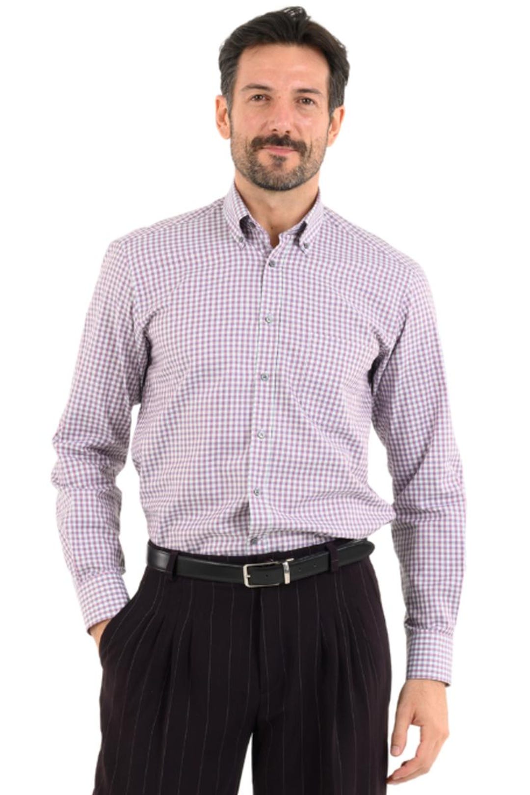Men's Tango Shirt, Burgundy Gingham Cotton Men's Shirt, Long Sleeve Men ...