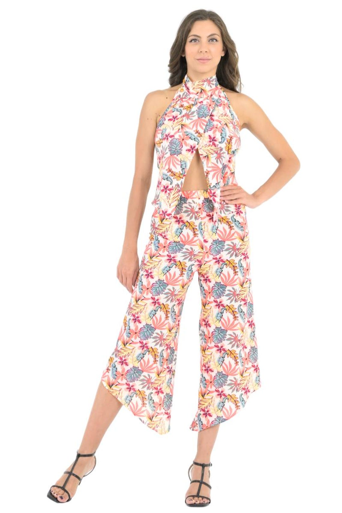 Tango Dance Capri Pants, Pastel Colorful Tropical Print Crop Pants ...
