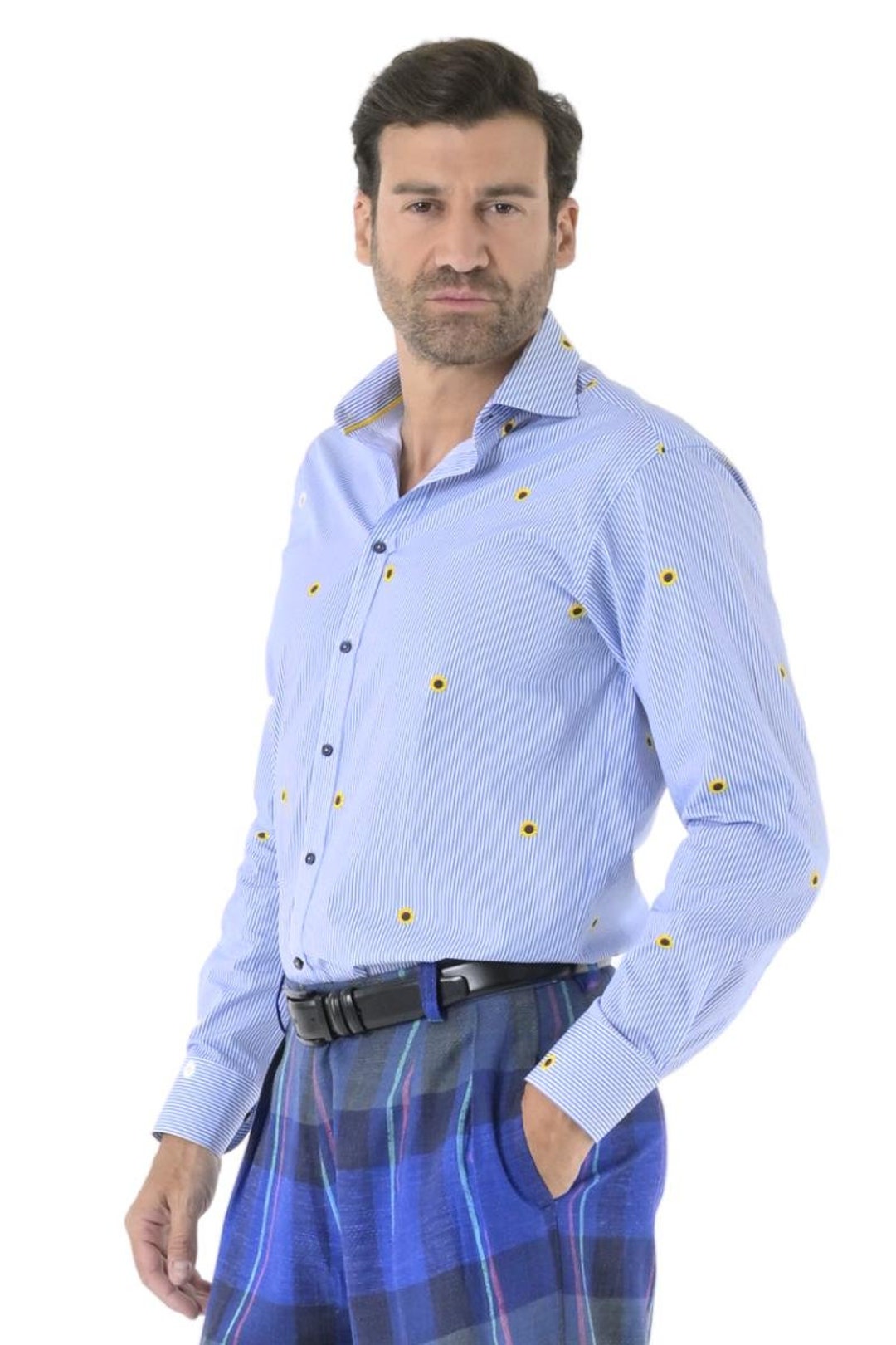 Men's Tango Shirt, Men's Light Blue Striped Shirt With Sunflowers ...
