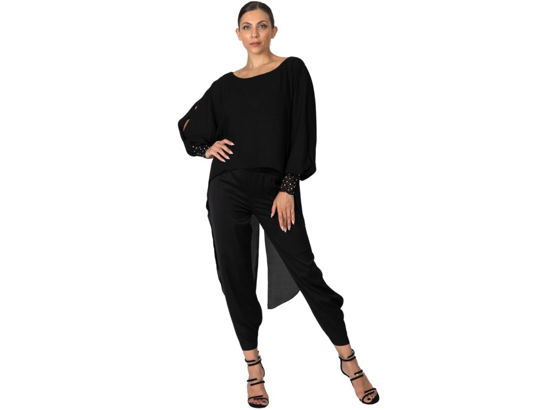 Black Georgette Long Back Slit Tail Top, Tango Dance Top, Asymmetric ...