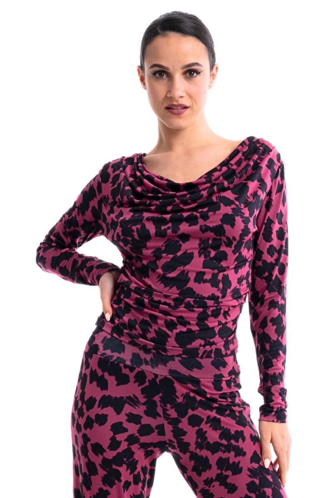 Hot Pink Animal Print Draped Neck Tango Top, Latin Dance Bodycon Top ...