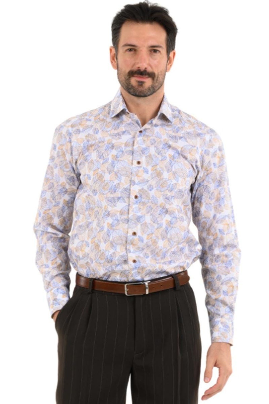 Men's Argentine Tango Shirt, Blue and Beige Leaf Print Men's Shirt, Men ...