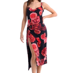 Floral Argentine Tango Draped Neck Dress, Big Red Rose Flower Print ...
