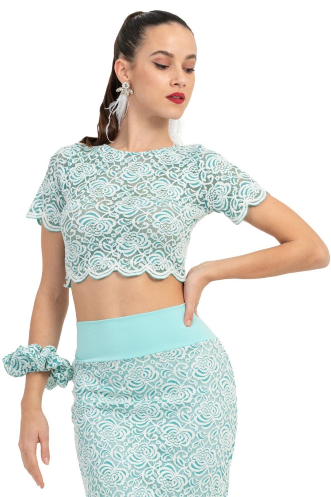 Tango Dance Crop Top, Mint Floral Lace Crop Top, Bodycon Crop Top With ...