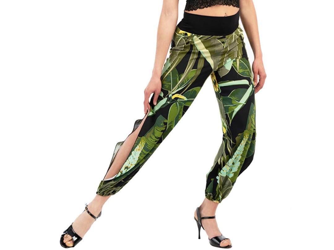 Green Tropical Plant Print Tango Dance Pants, Rumba Practice Gathered ...