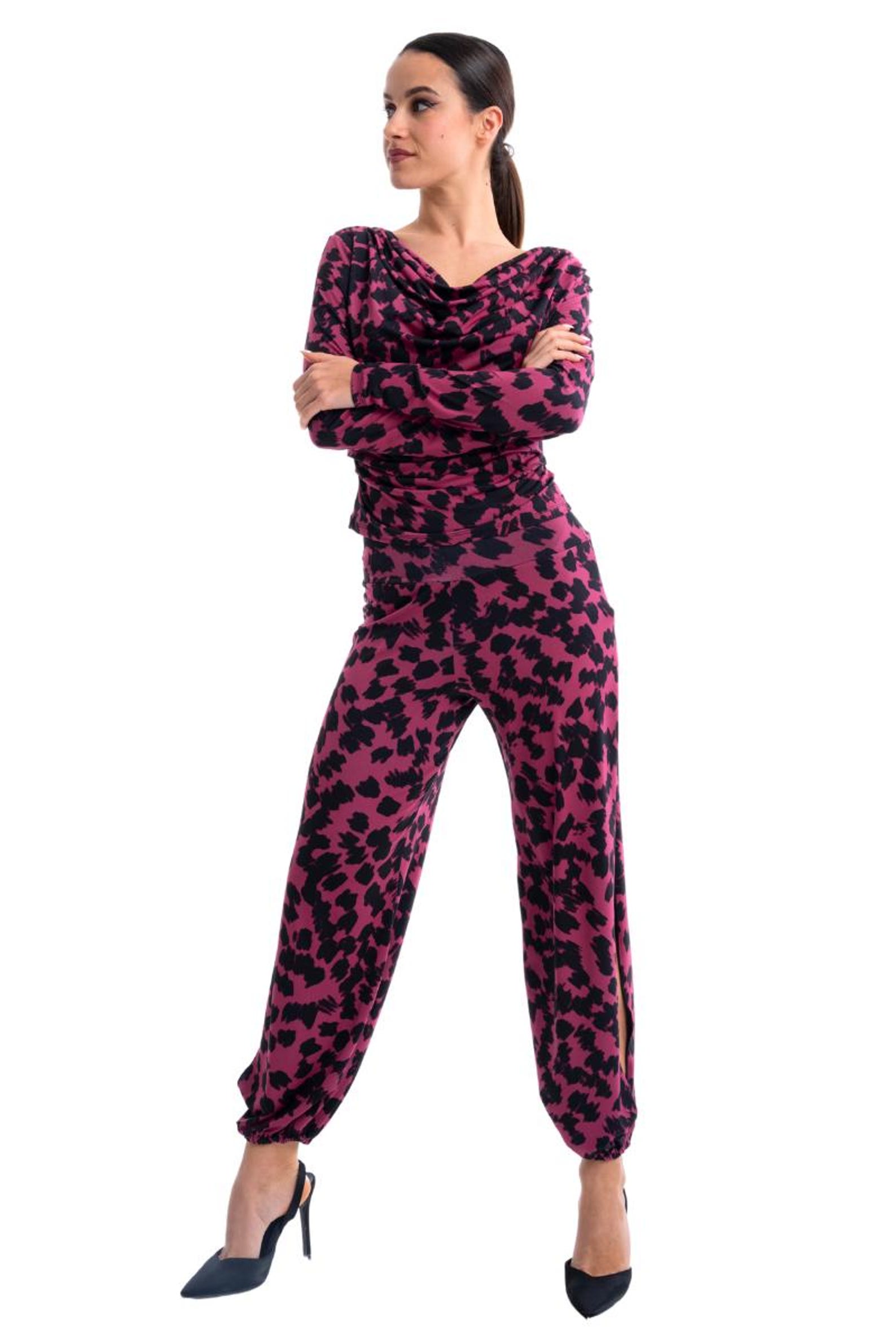 Hot Pink Animal Print Draped Neck Tango Top, Latin Dance Bodycon Top ...