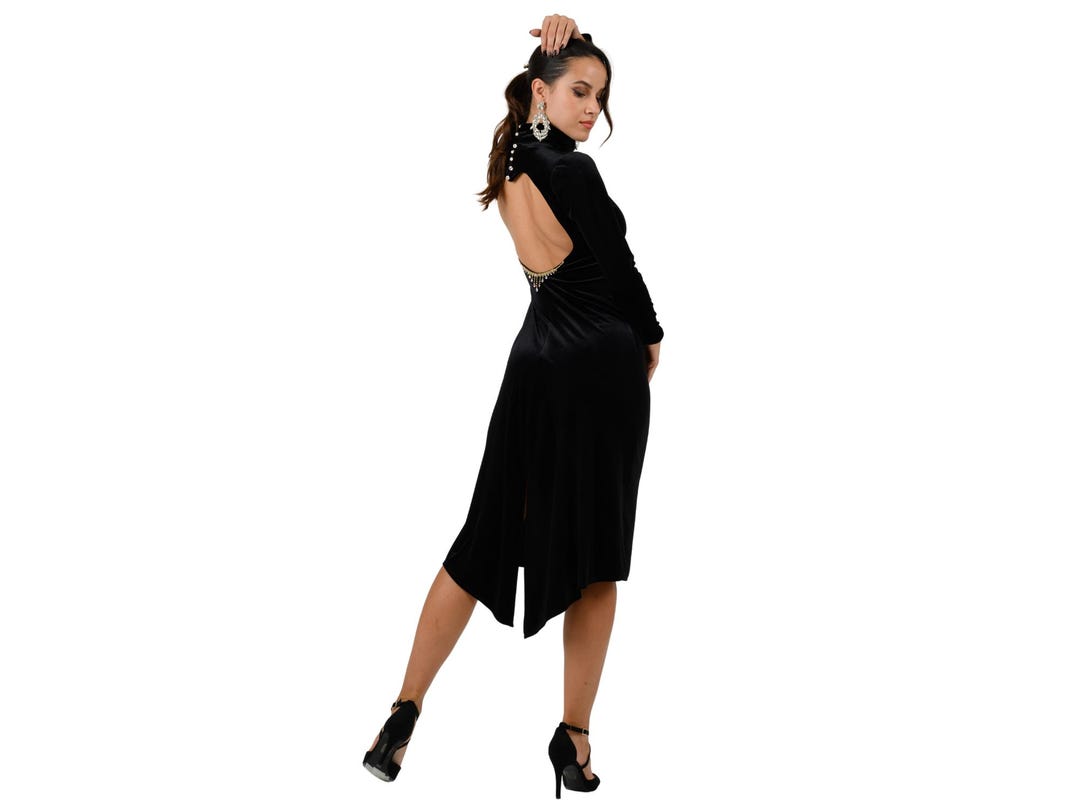 Velvet Tango Dress With Heart Shape Back, Paso Doble Mock Neck Bodycon ...