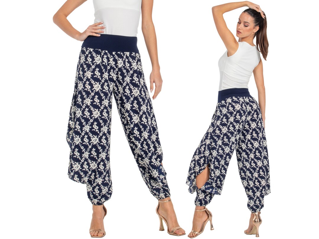 Argentine Tango Pants, Navy Blue Floral Georgette Pants, Dance Pants ...