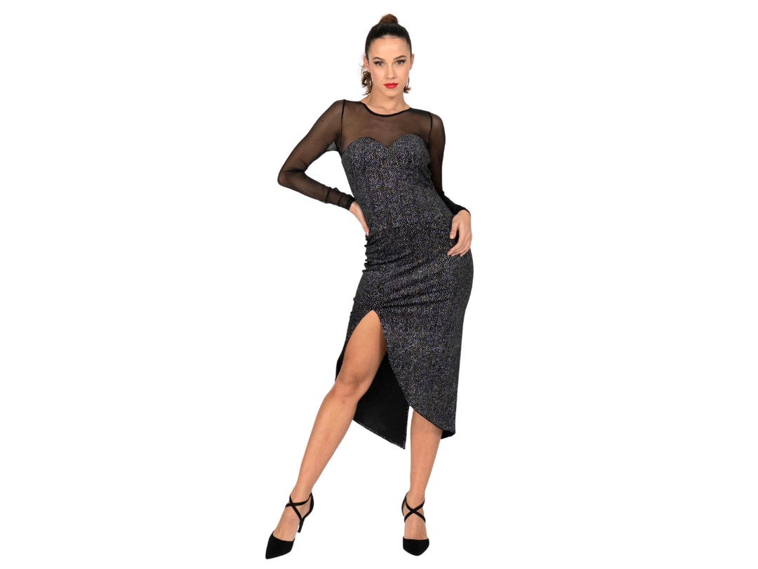Sparkling Velvet Tango Dance Dress With Long Mesh Sleeves and Open Back ...