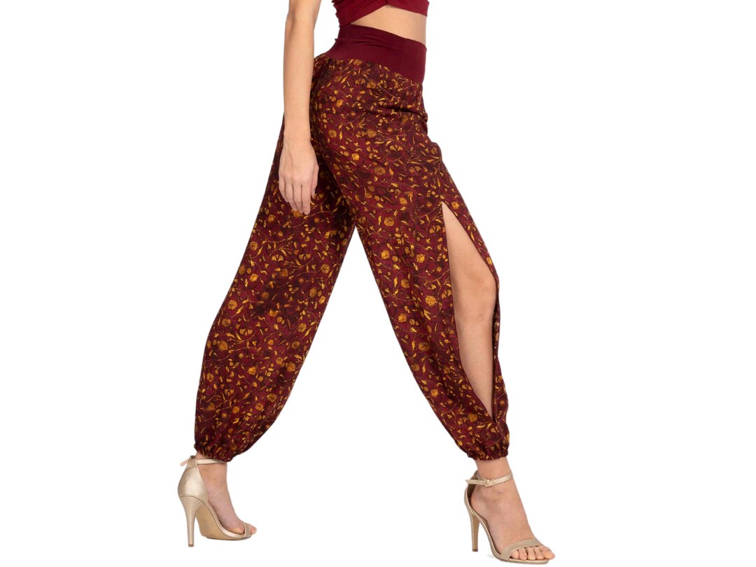 Burgundy Ditsy Floral Print Tango Pants, Bachata Dance Pants With ...