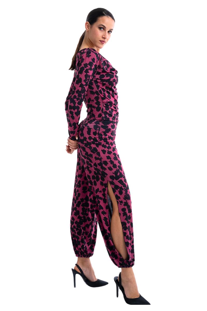 Hot Pink Animal Print Draped Neck Tango Top, Latin Dance Bodycon Top ...