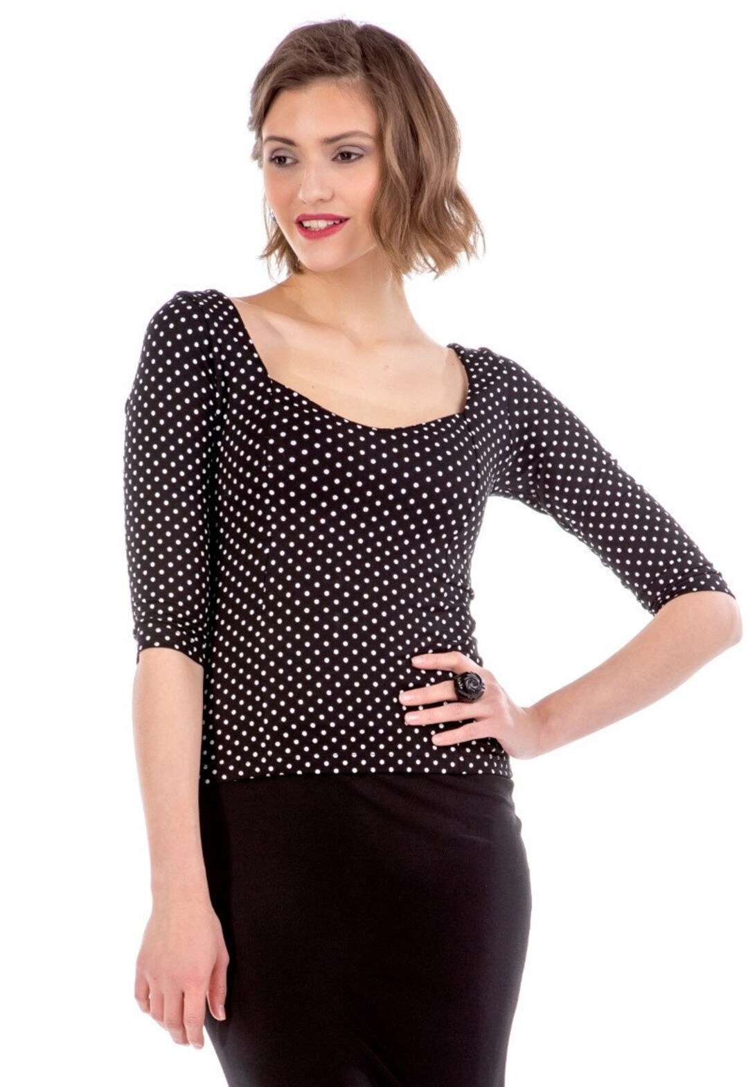Argentine Tango Top, Black Polka Dot Bodycon Top, Elegant Sweetheart ...
