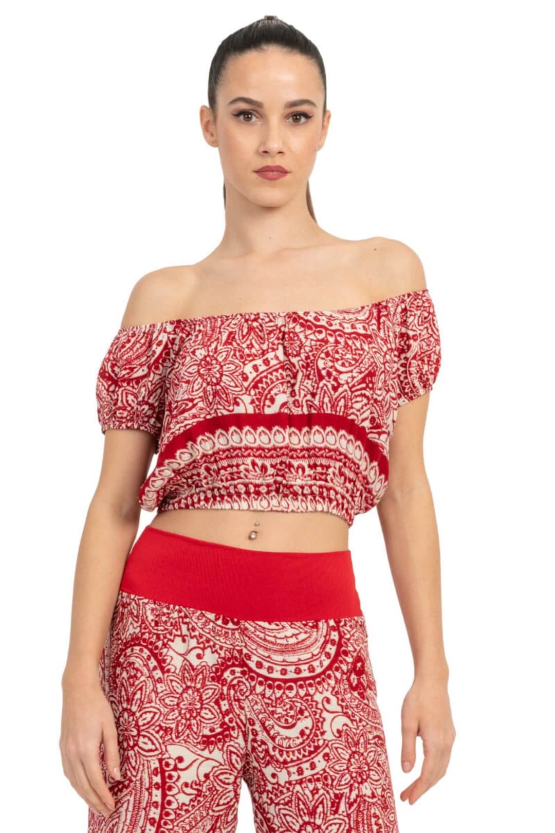 Argentine Tango Crop Top, Red Mandala and Paisley Printed Crop Top ...