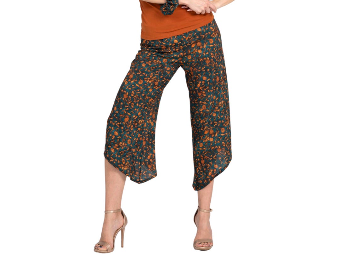 Tango Dance Capri Pants, Deep Petrol Ditsy Flower Print Pants, Rumba ...