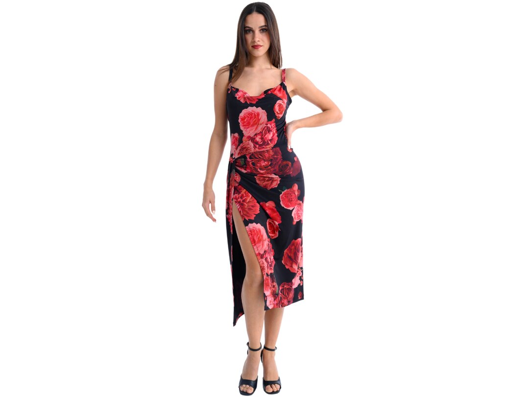 Floral Argentine Tango Draped Neck Dress, Big Red Rose Flower Print ...