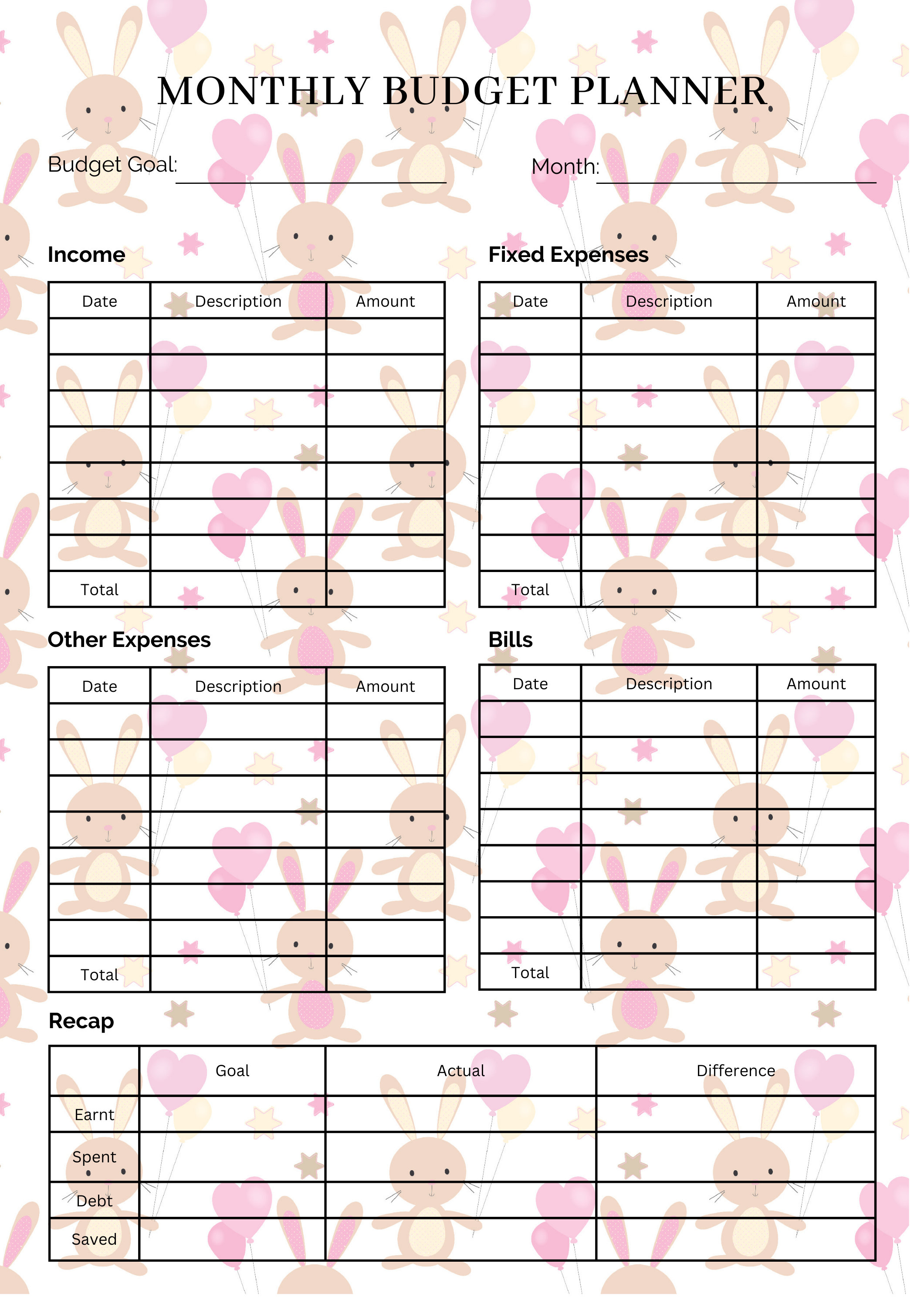 Cute Bunny Monthly Budget Planner Printable | Monthly Budget Sheet ...