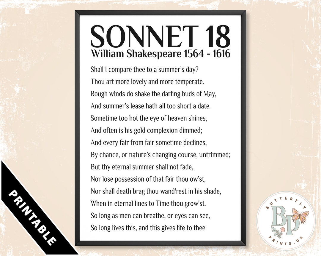 Sonnet 18 Vintage Poem Poster Print by William Shakespeare Digital ...