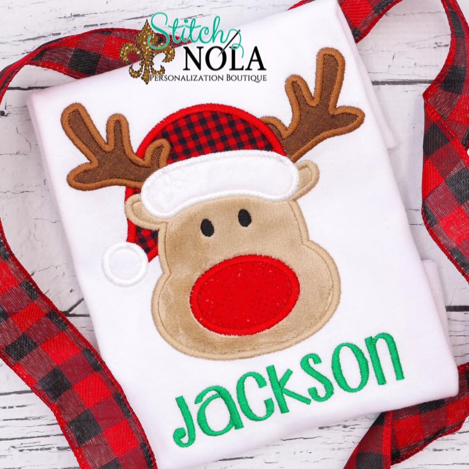 Personalized Reindeer With Santa Hat Applique Santa Reindeer - Etsy