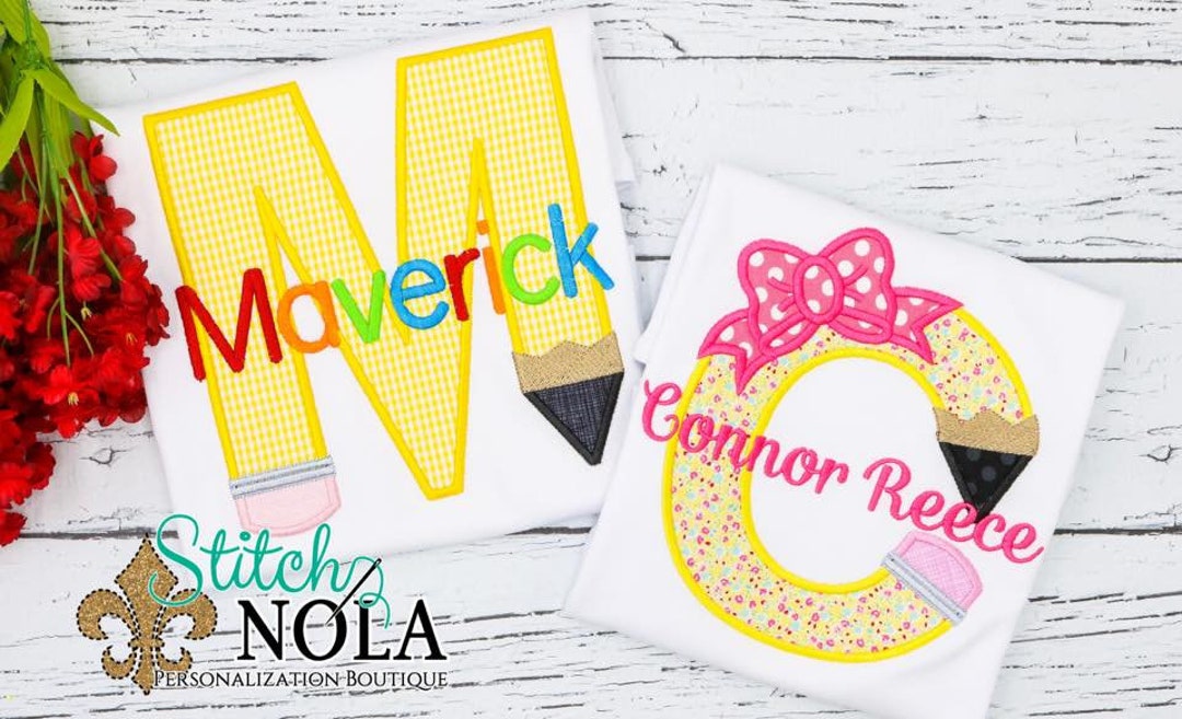 Pencil Alpha Applique, Pencil Applique, Pencil With Bow Applique, Back ...