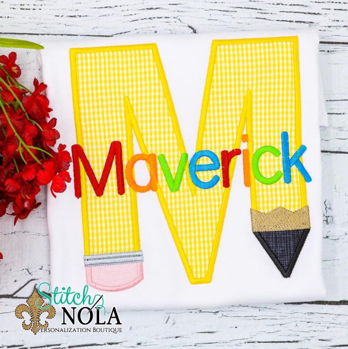 Pencil Alpha Applique, Pencil Applique, Pencil With Bow Applique, Back ...