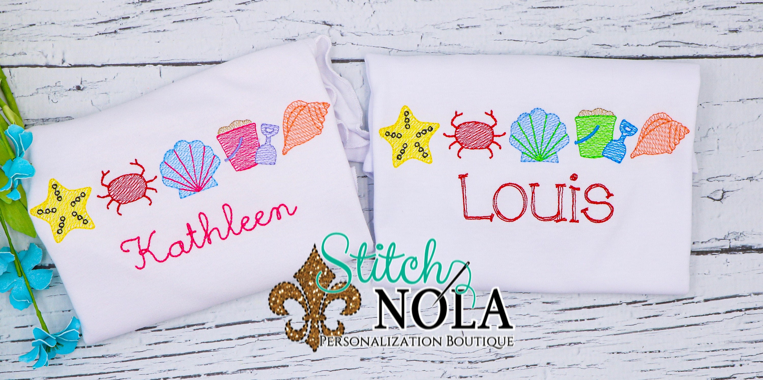 Beach Set Sketch Embroidery Beach Shirt Starfish Crab Sea | Etsy