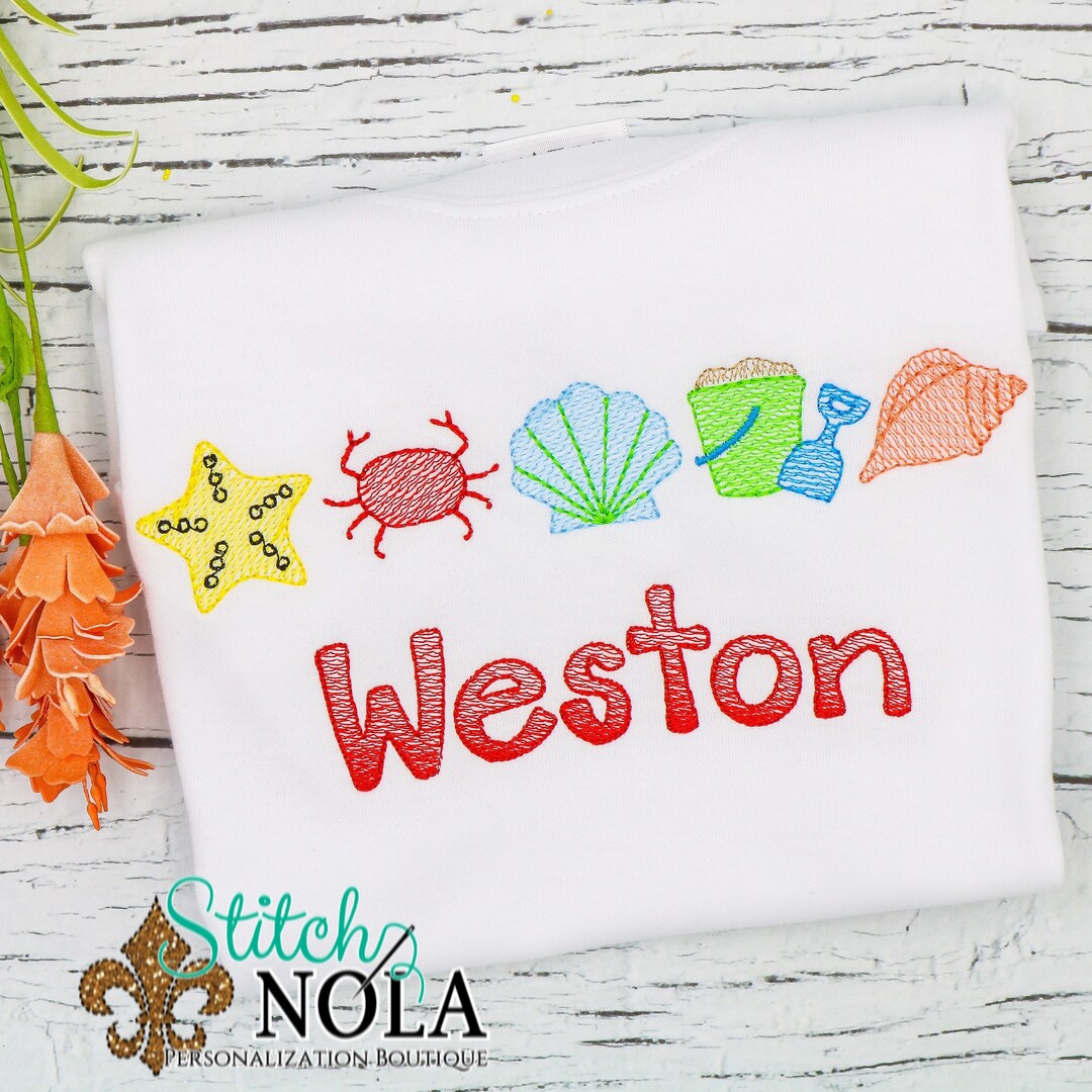 Beach Set Sketch Embroidery, Beach Shirt, Starfish, Crab, Sea Shells ...